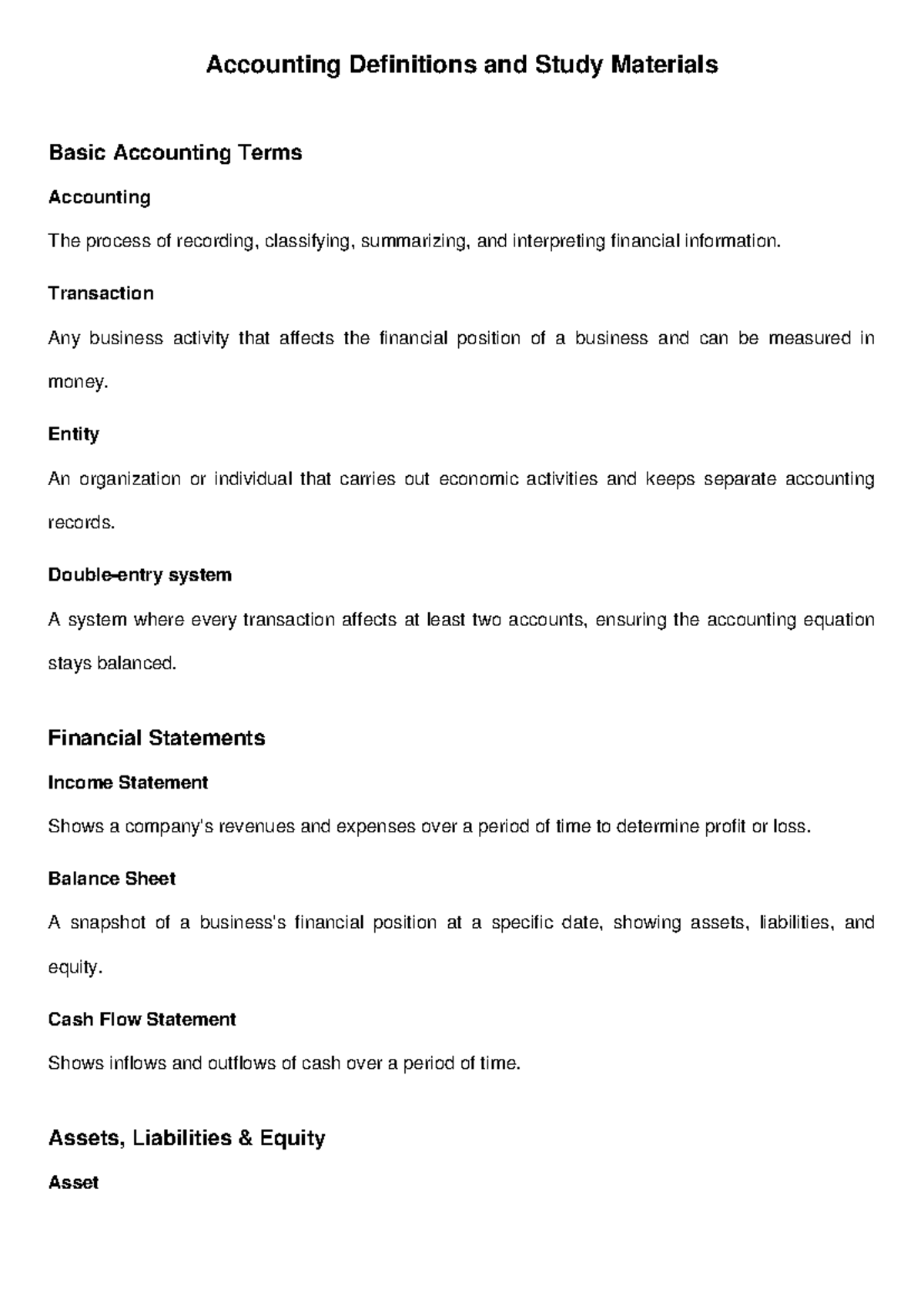 Basic Accounting Terms and Definitions: Study Notes for ACC 101 - Studocu
