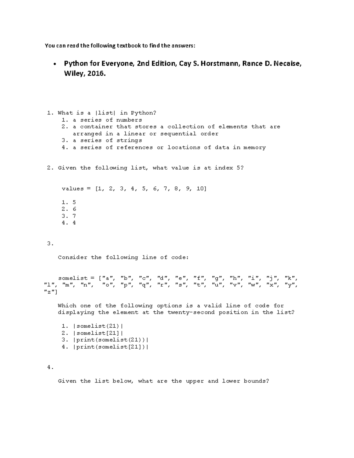 Chapter 6 - Python List Sample Questions and Answers - Studocu