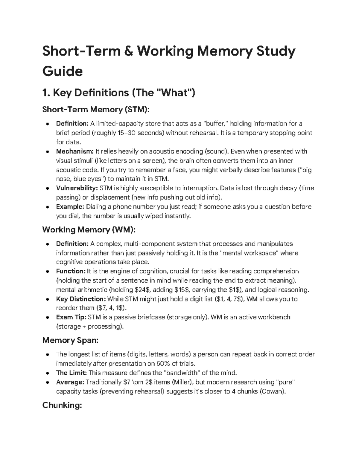 3390 Working Memory Study Guide: Key Concepts & Definitions - Studocu