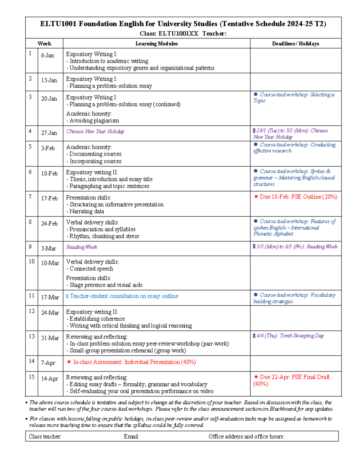 ELTU1001 Foundation English Course Schedule (Tentative T2 2024-2025 ...