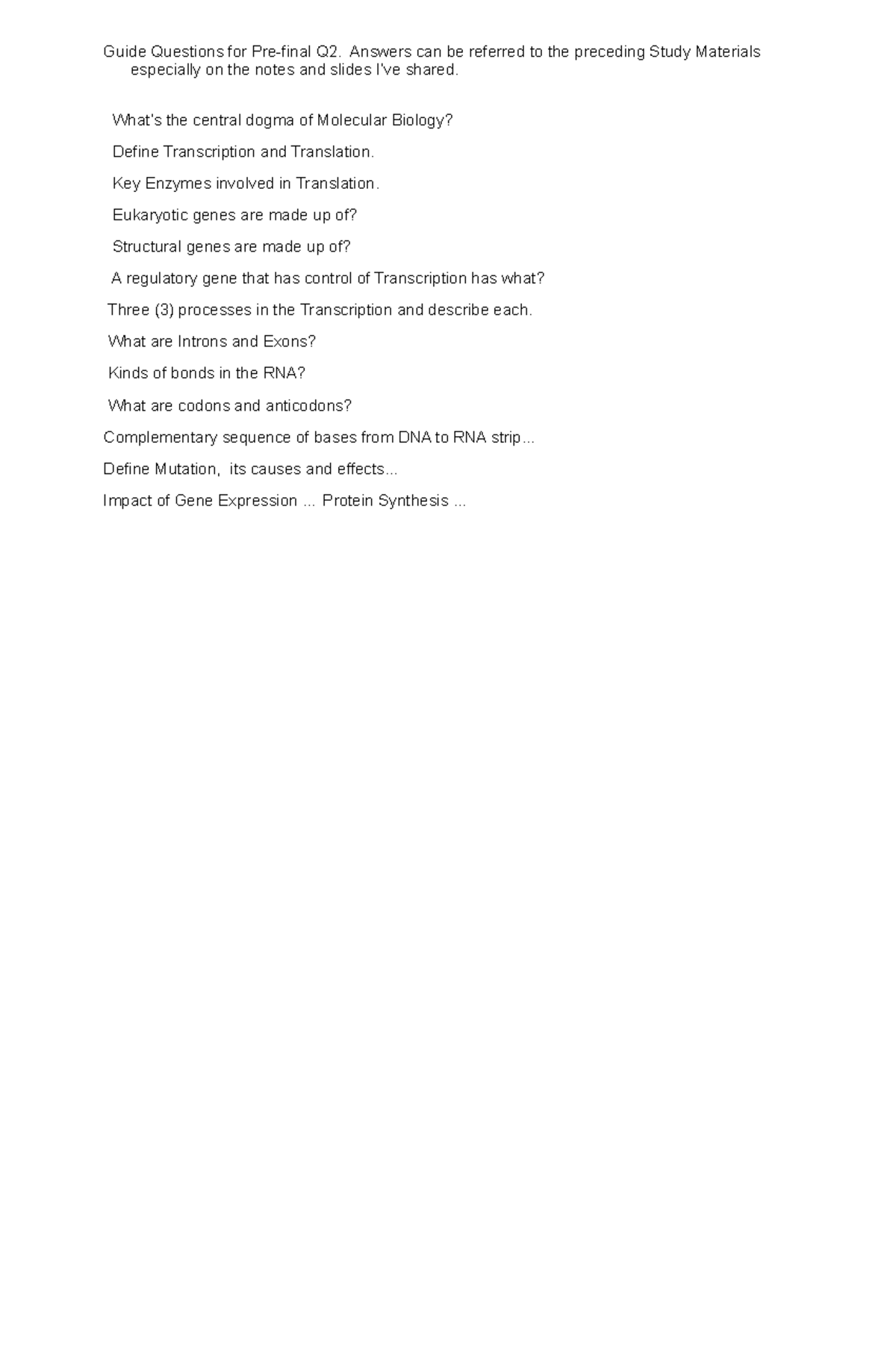 Guide Questions for Quiz 2: Molecular Biology Concepts - Studocu