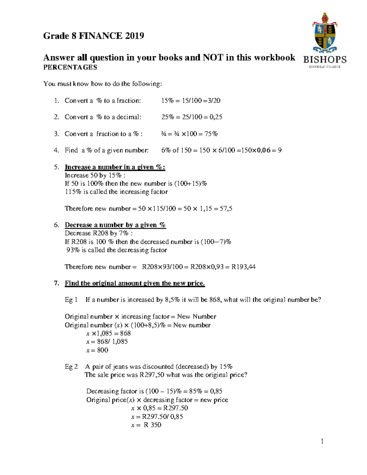 Gr 8 FINANCE 2019 - Percentages, Commission & Interest Concepts - Studocu