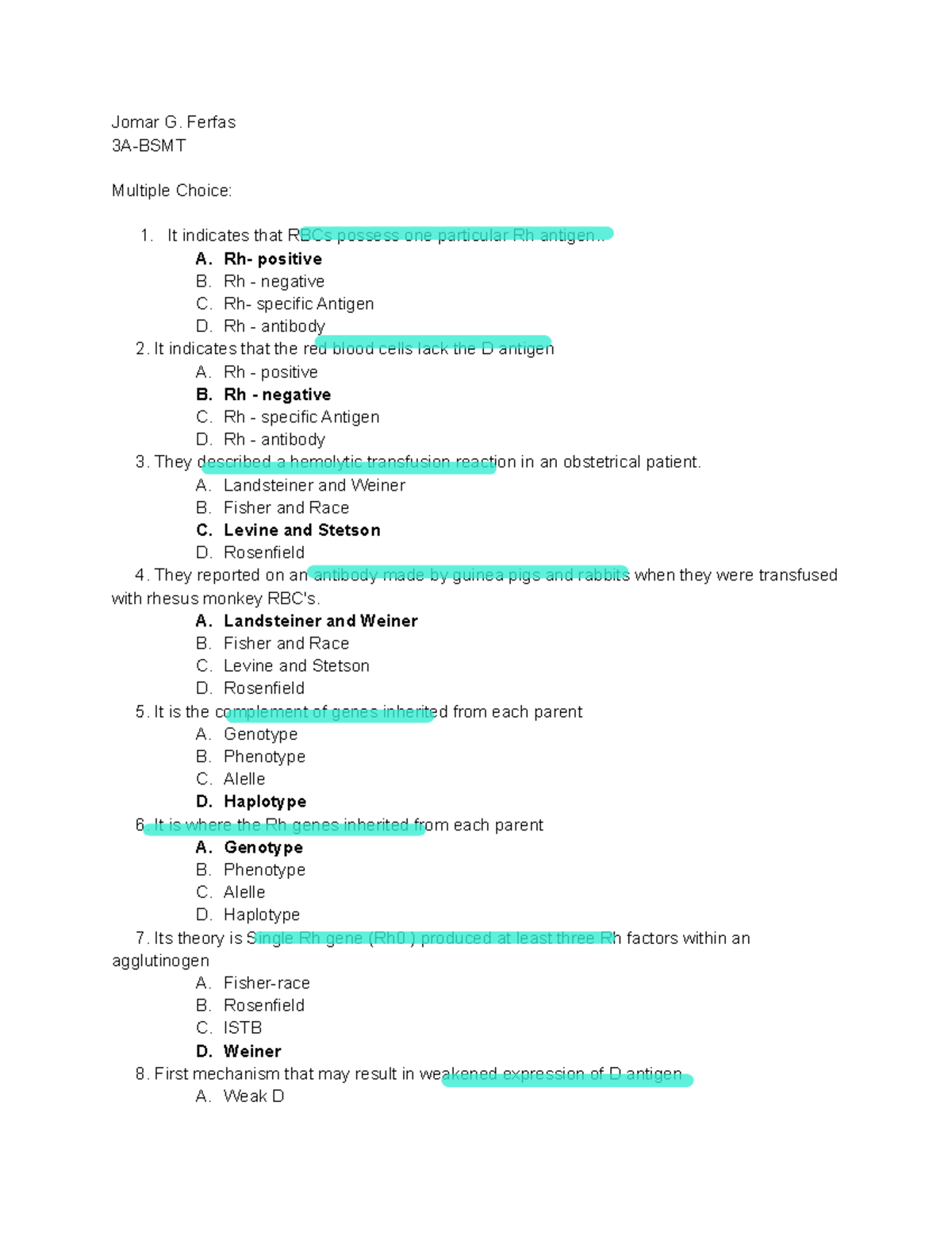 Chapter 7-8 Quiz - Quiz - Jomar G. Ferfas 3A-BSMT Multiple Choice: It ...