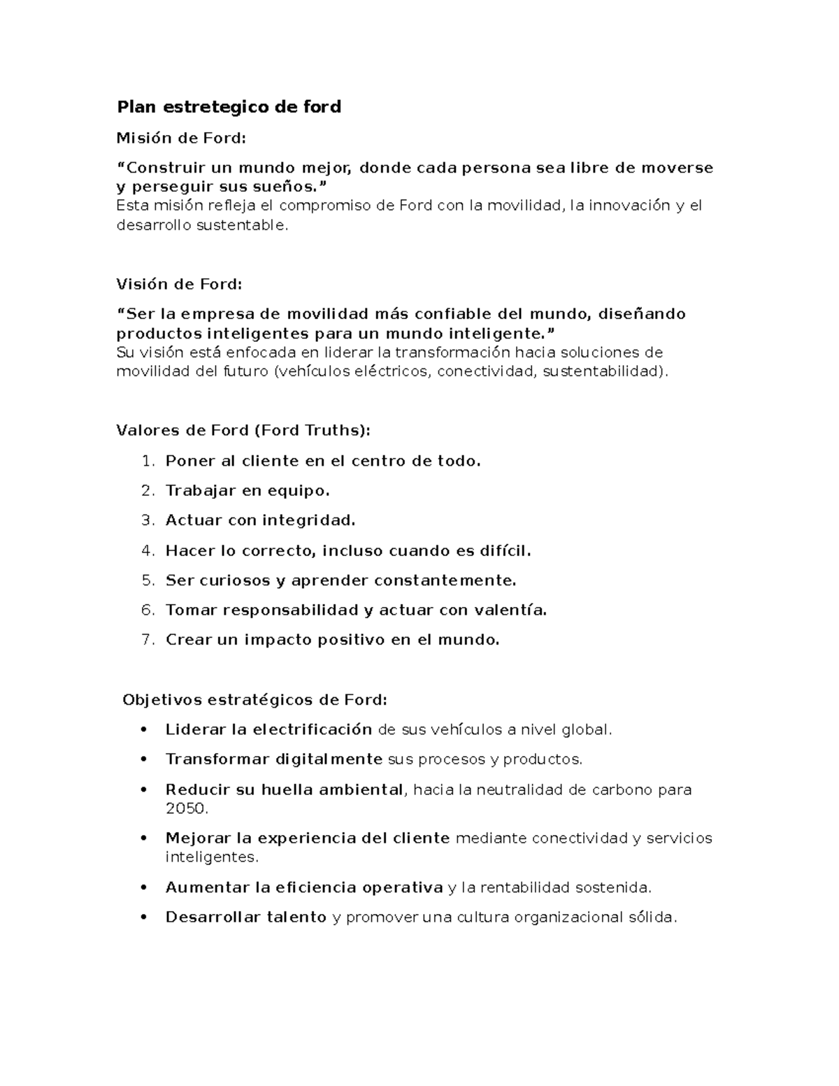 Plan Estratégico de Ford: Misión, Visión y Valores Clave - Studocu