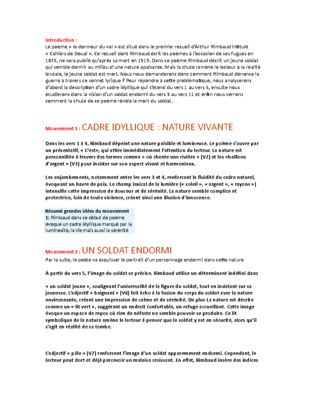 Analyse du poème "Le Dormeur du val" de Rimbaud - FREN 101 - Studocu