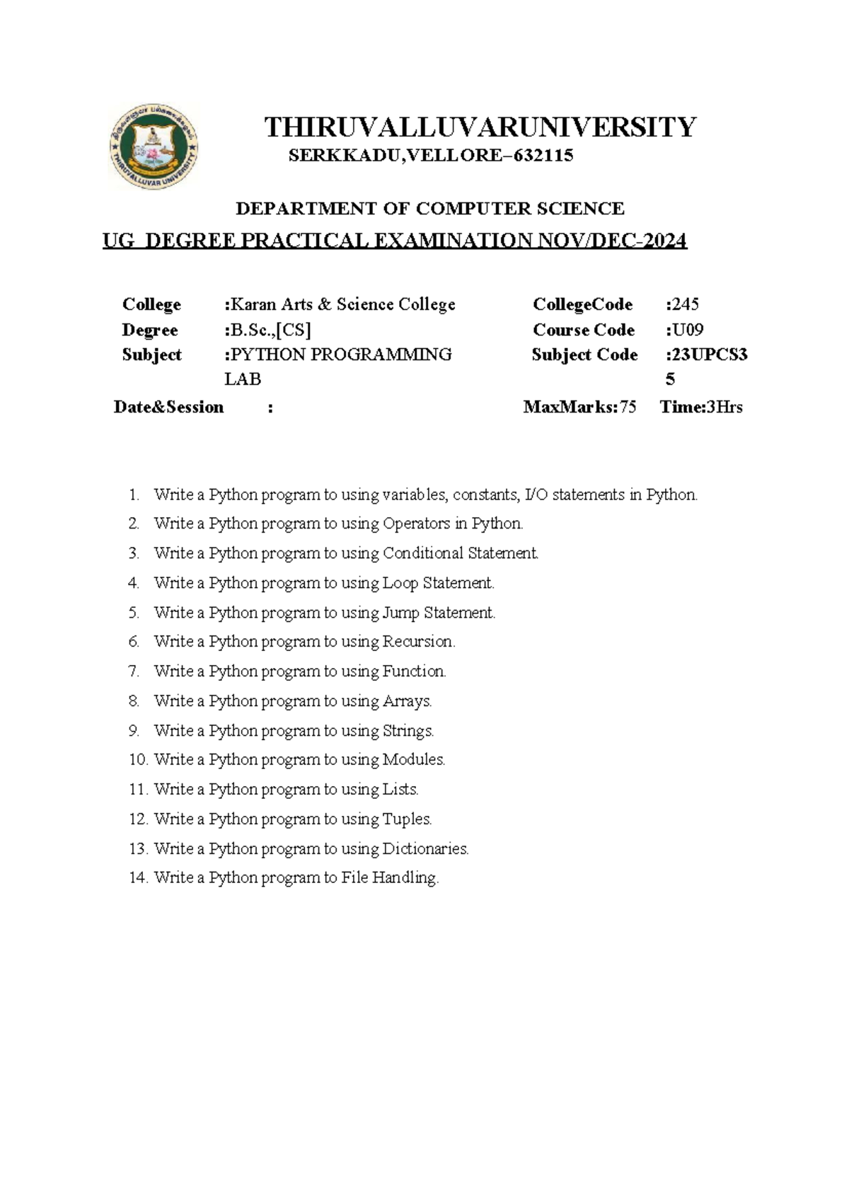 Python Programming Lab Practical Exam Questions (23UPCS35) - Studocu