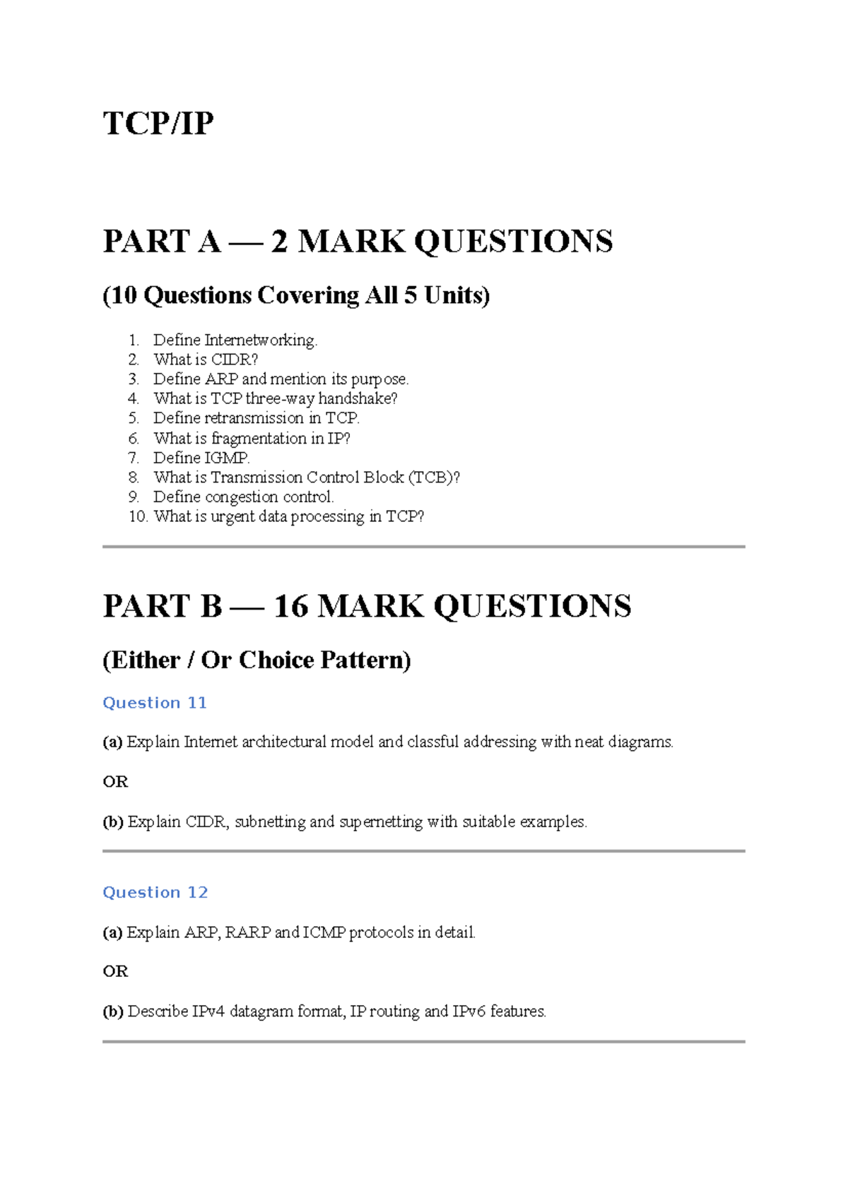 TCP/IP Important Questions: Part A & B (2 Mark & 16 Mark) - Studocu