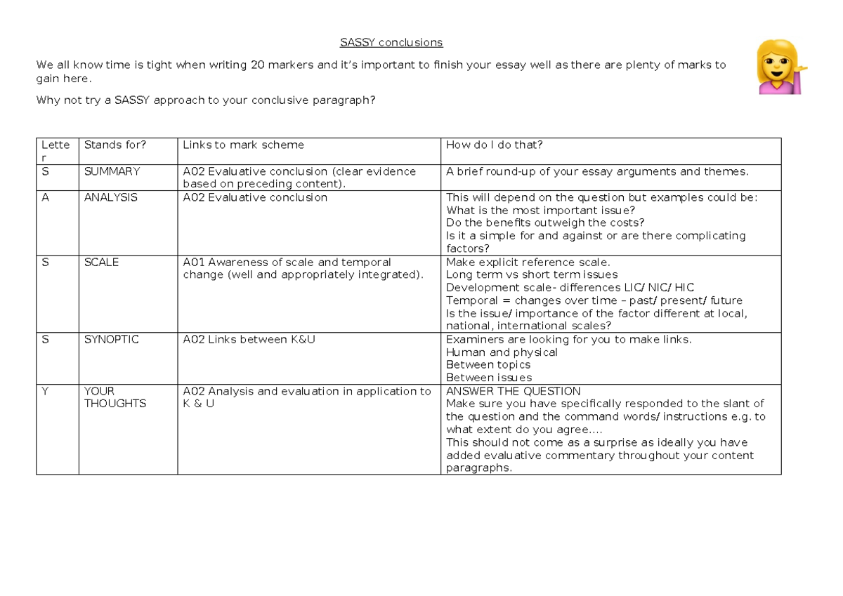 SASSY Conclusions: Mastering 20 Mark Answers for Success - Studocu