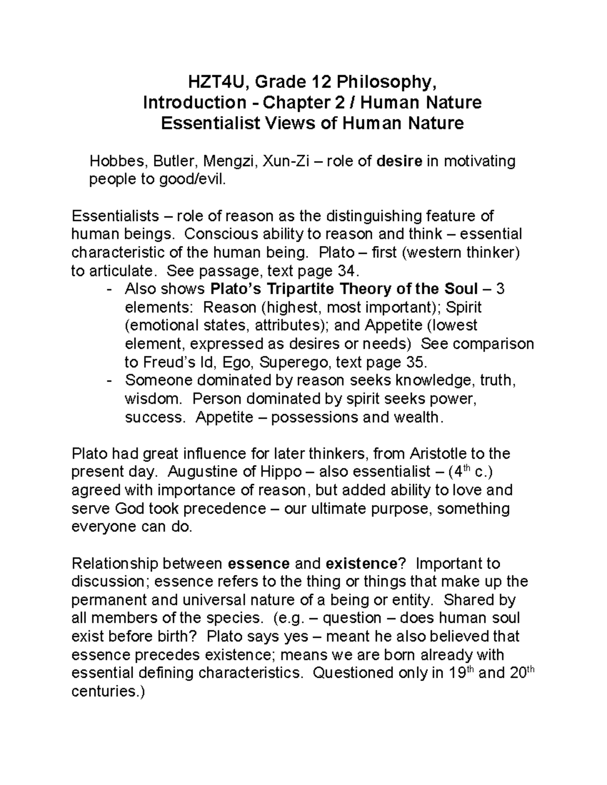 HZT4U- Introduction Chapter 2 Notes - Human Nature - HZT4U, Grade 12 ...