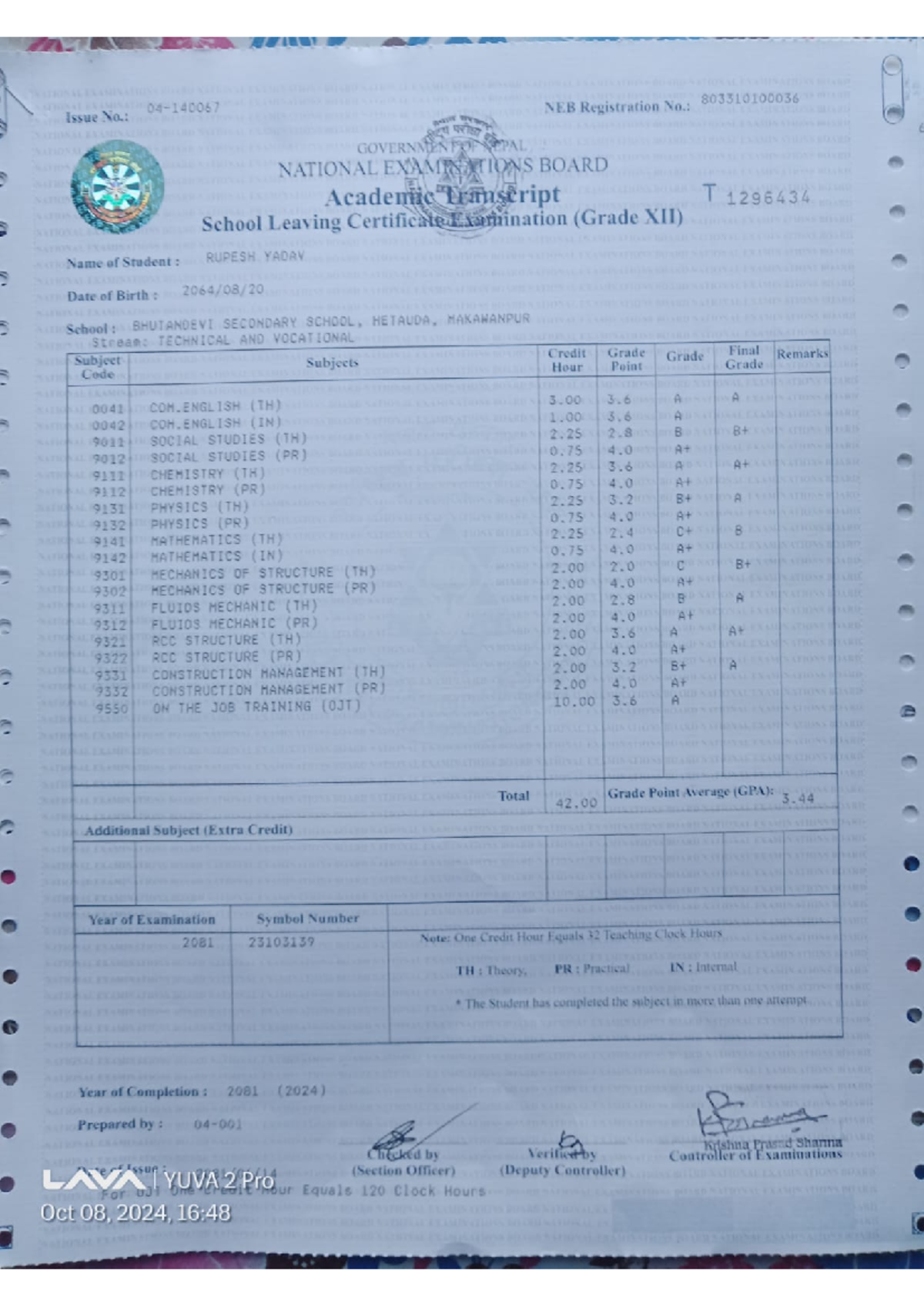 12th Grade Academic Transcript - NEB Registration No. T1296434 - Studocu