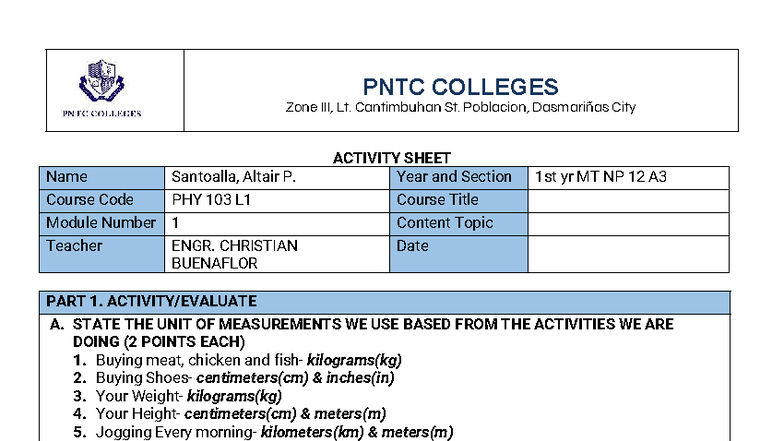 PHY 103 L1 Activity Sheet: Understanding Measurements in Physics - Studocu