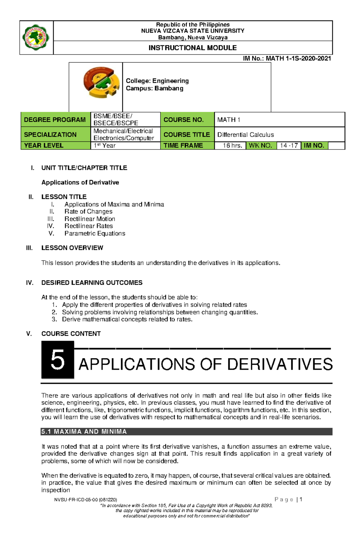 Calculus-Module- 5 - NUEVA VIZCAYA STATE UNIVERSITY Bambang, Nueva Vizcaya INSTRUCTIONAL MODULE ...