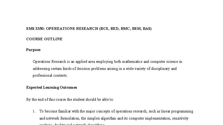 SMS 3350: Operations Research Course Outline and Learning Outcomes ...