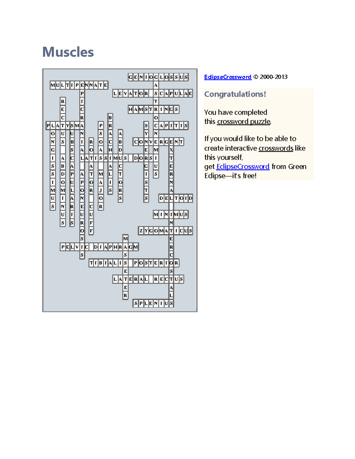 Muscles Crossword puzzle - Muscles G E N I O G L O S S U S M U L T I P ...