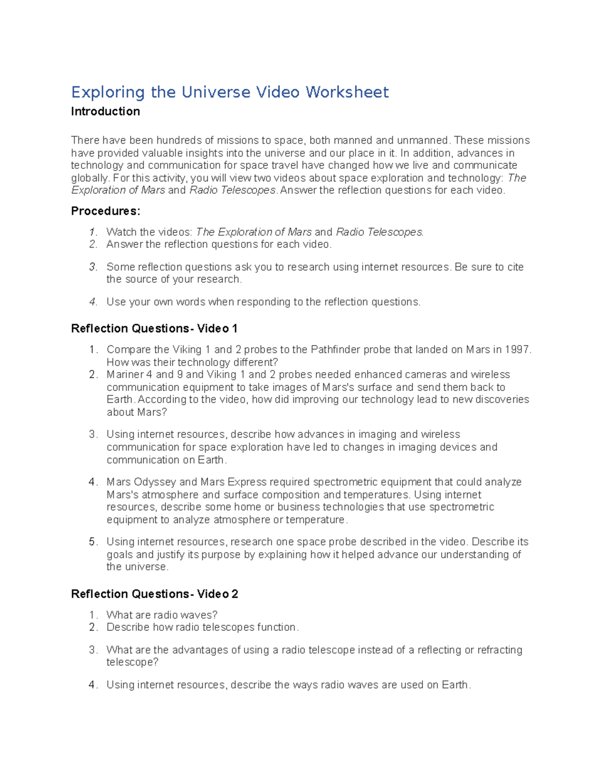 4.02 Exploring the Universe Video Worksheet: Mars & Radio Telescopes ...