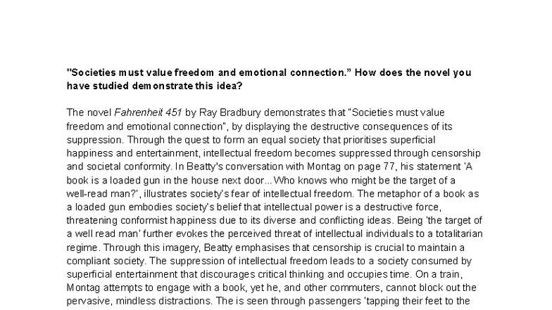 Fahrenheit 451 Dystopian Essay: Valuing Freedom & Emotion - Studocu