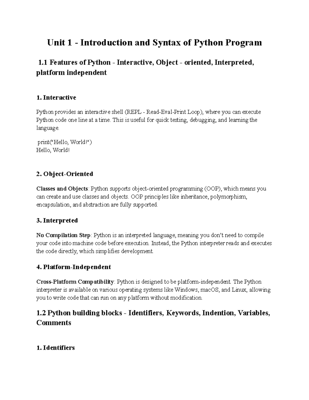 Chp 1 - Python - Unit 1 - Introduction and Syntax of Python Program 1 Features of Python - - Studocu