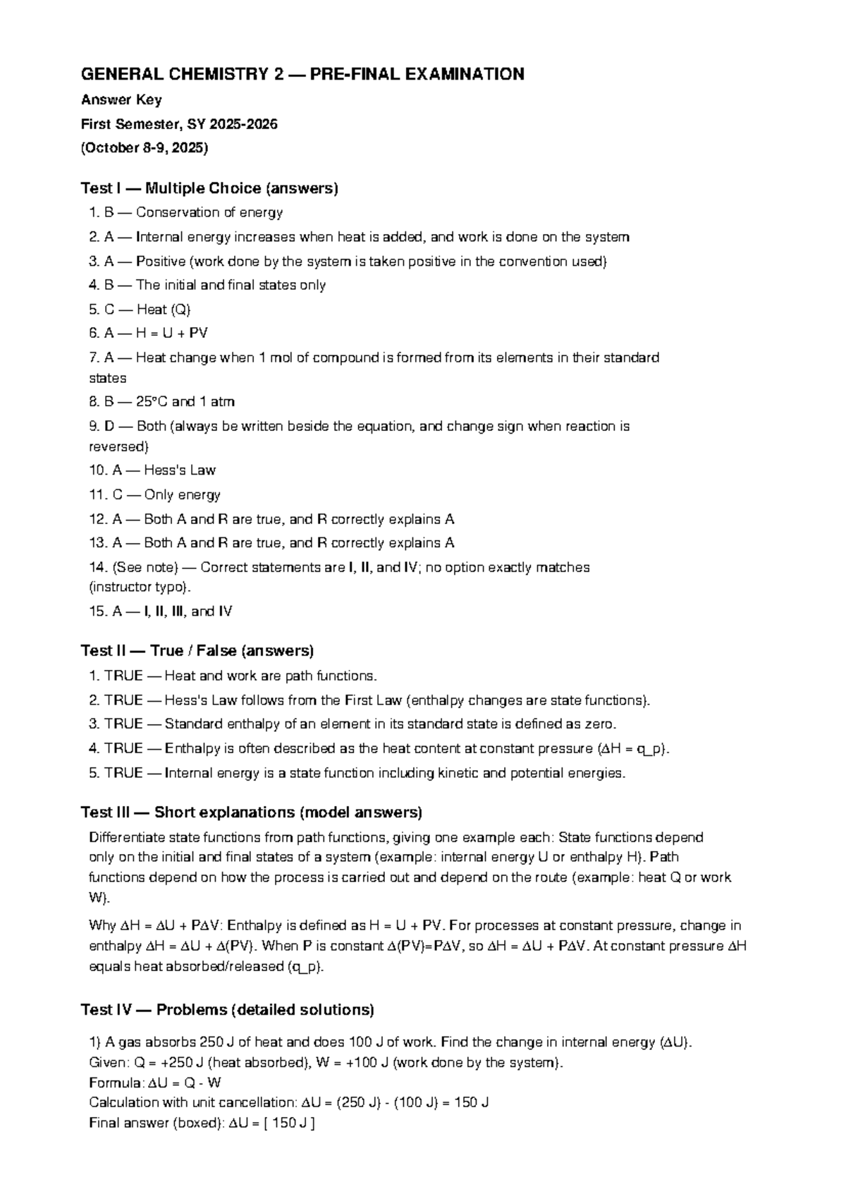 GENERAL CHEMISTRY 2 FINAL EXAM ANSWER KEY (SY 2025) - Studocu