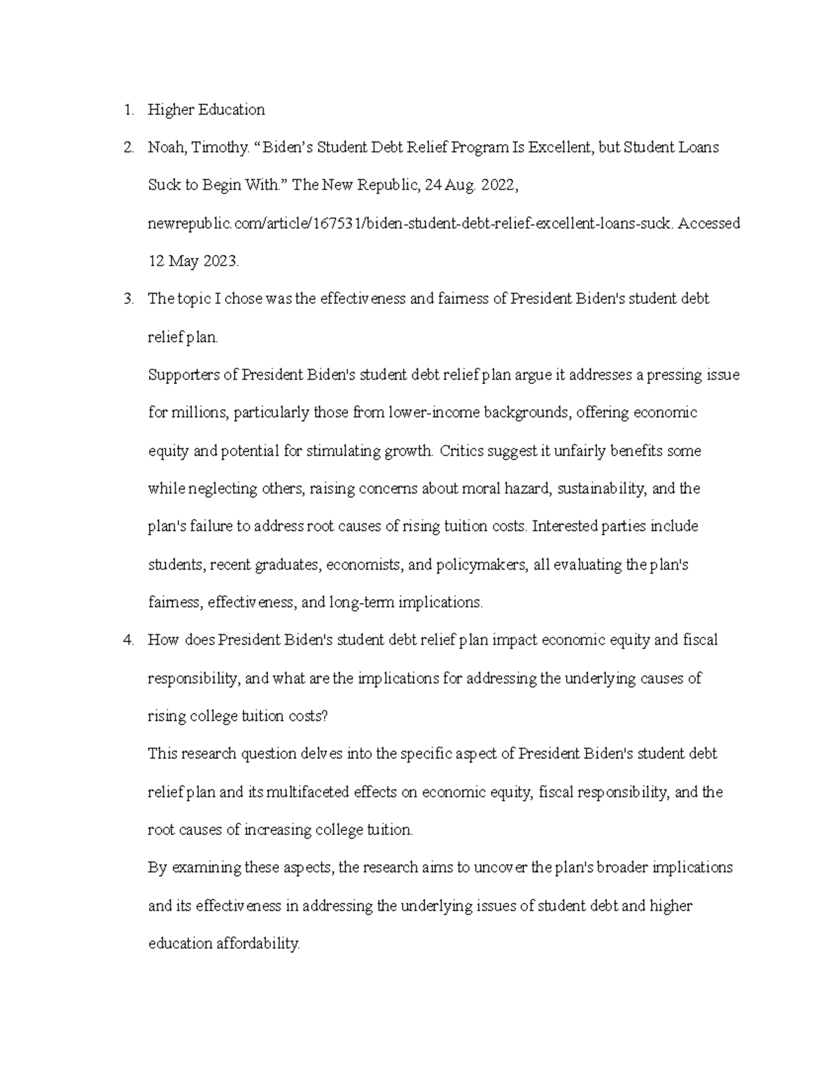 1-2 Assignment: Research Questions on Biden's Student Debt Relief Plan ...
