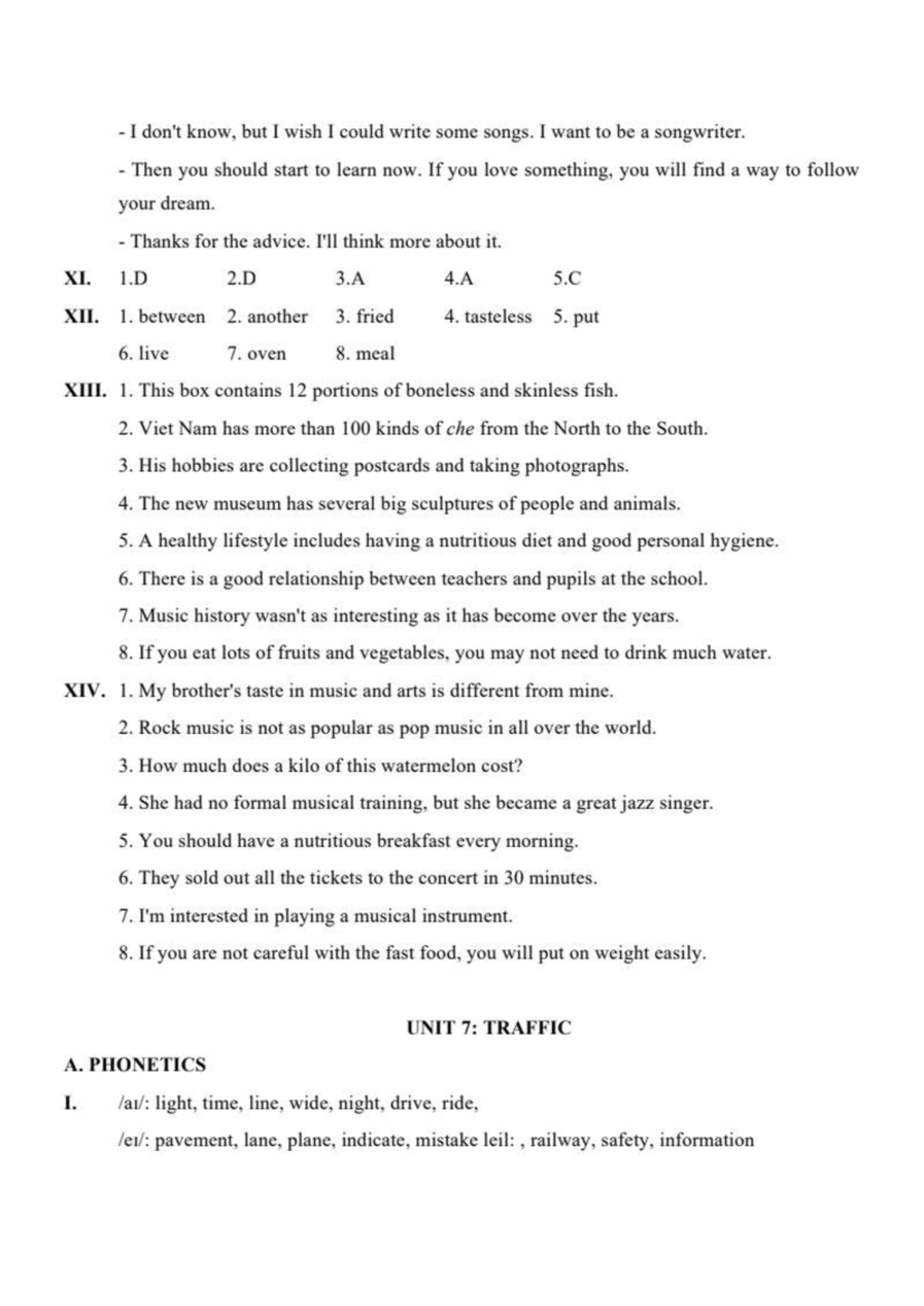 KEY TA7 SÁCH 1 U7: Songwriting & Traffic Vocabulary Notes - Studocu