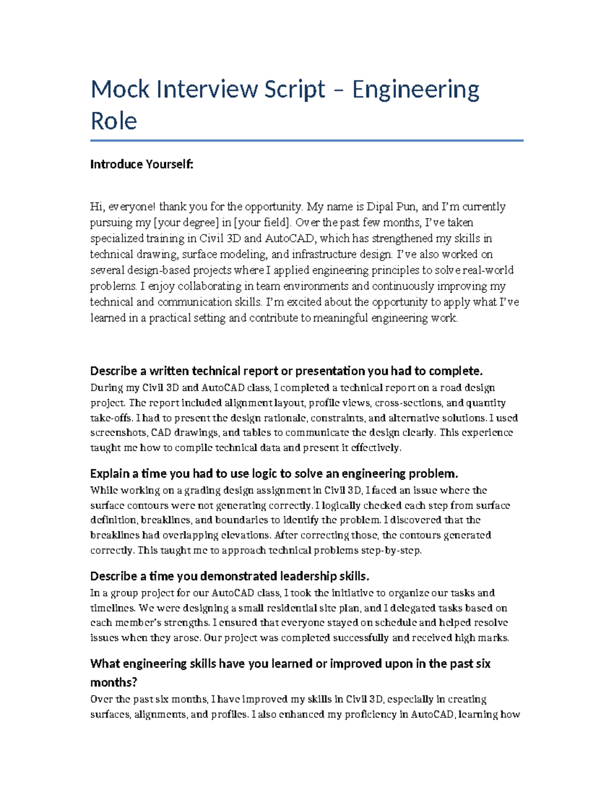 Mock Interview Script for Engineering Role: Introduce Yourself - Studocu