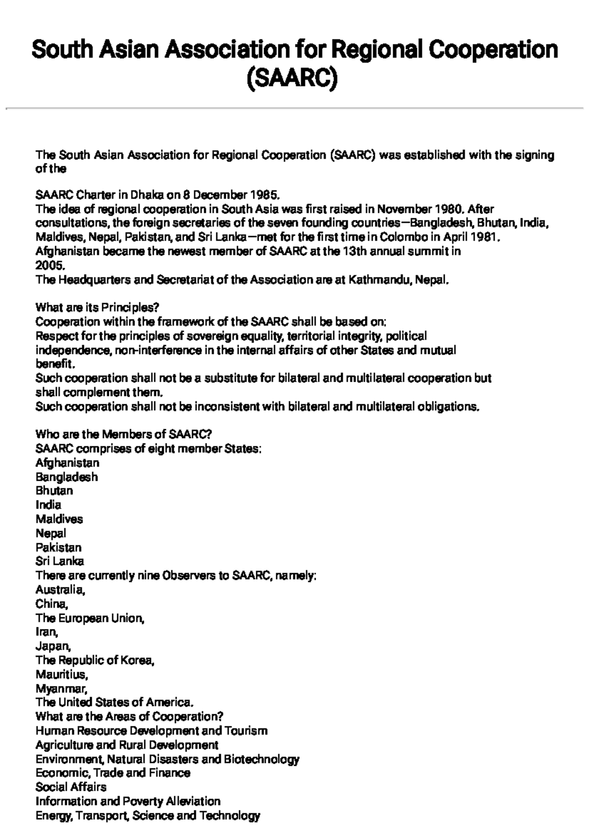 SAARC: Principles, Members, Objectives, and Achievements Overview - Studocu