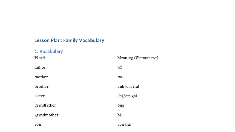Family Vocabulary Lesson Plan: Engaging Activities for Students - Studocu