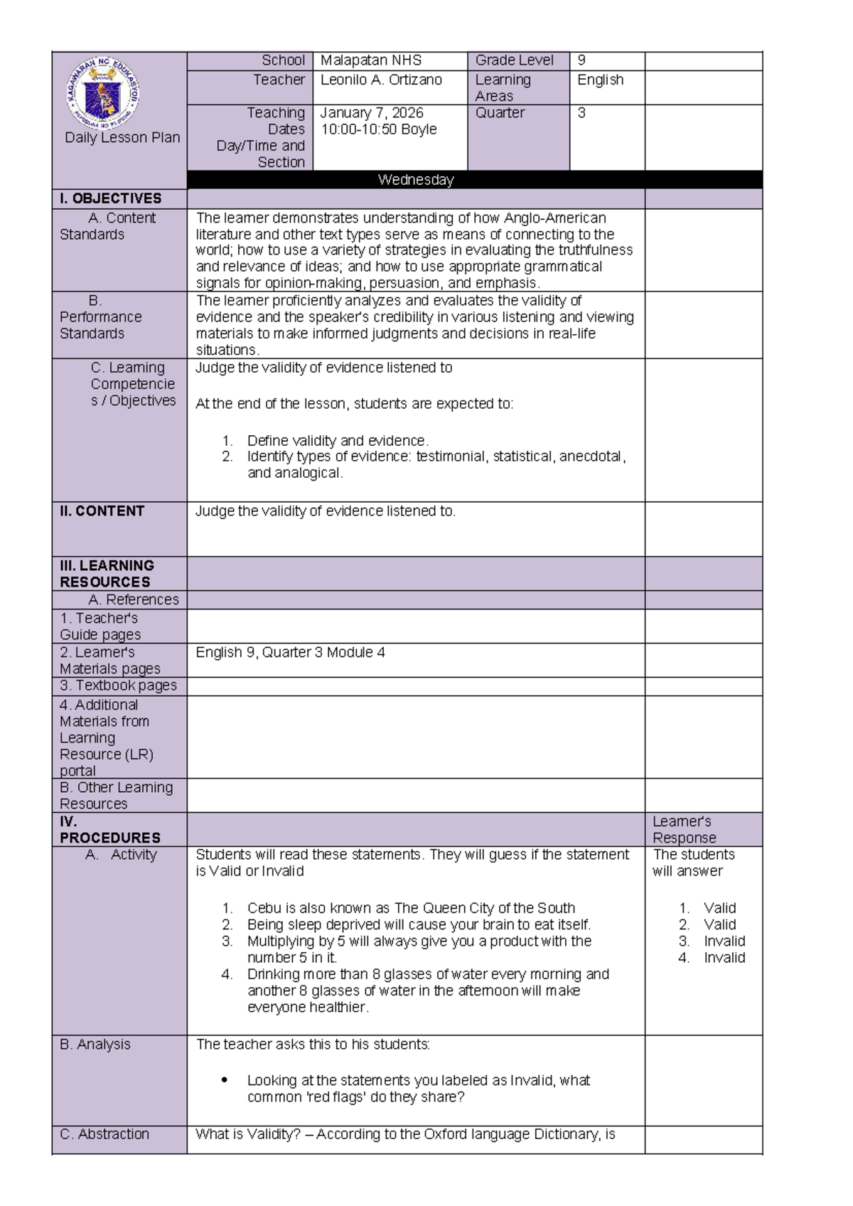 Daily Lesson Plan: Evaluating Validity of Evidence (Eng 9, Q3) - Studocu