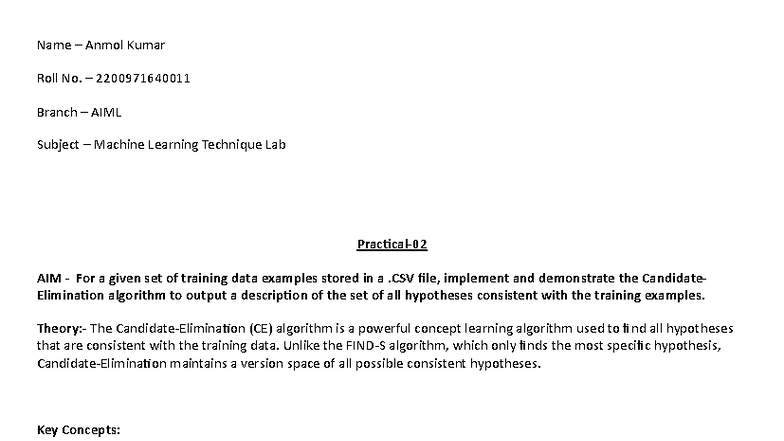 MLT LAB 02 - Candidate Elimination Algorithm Implementation - Studocu