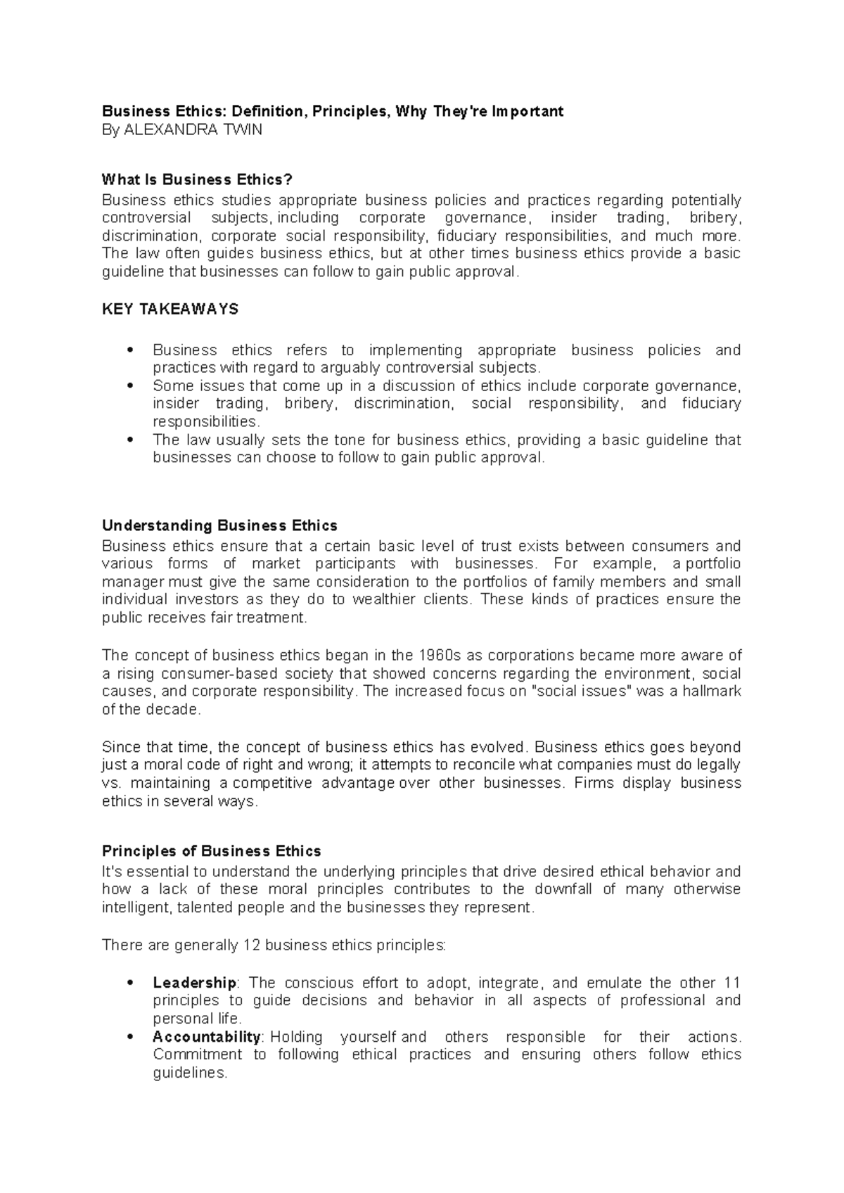 Business Ethics (BUS 101): Principles, Importance, and Practices - Studocu