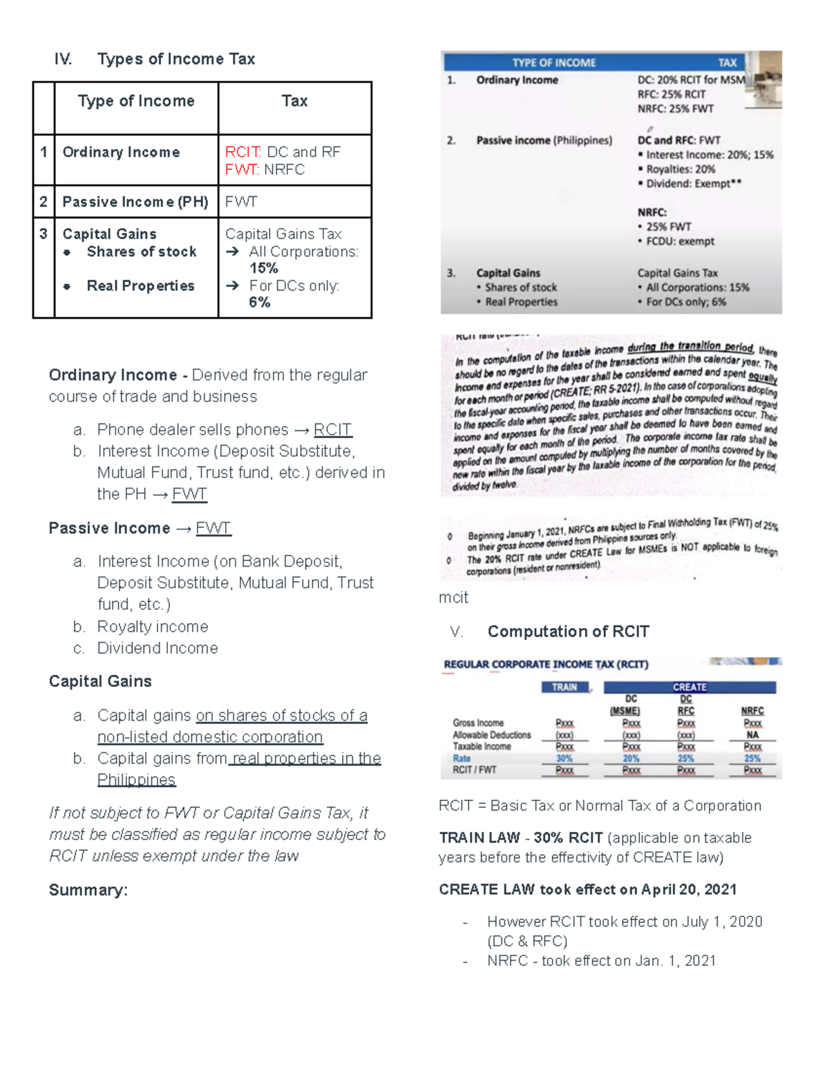 Taxation Notes: Types of Income Tax and RCIT Computation - Studocu
