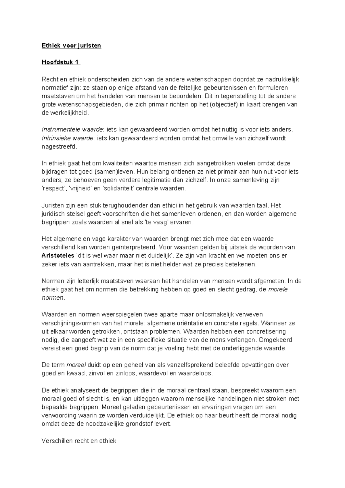 Ethiek en Recht voor Juristen: Hoofdstuk 1 Verkenning van Waarden en ...