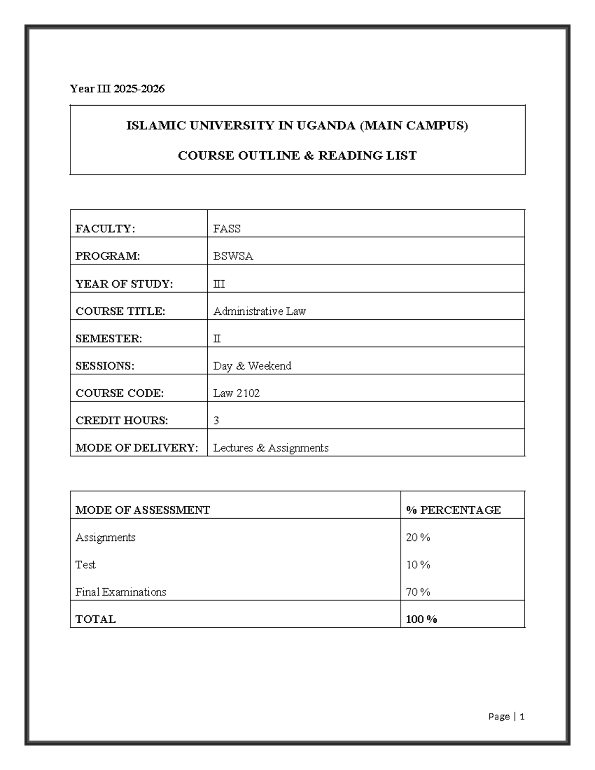 Law 2102: Administrative Law Course Outline - Semester II - Studocu