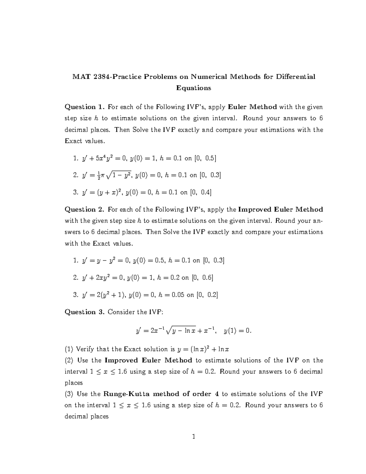 MAT 101 Numerical Methods: Euler & Improved Euler Problems - Studocu