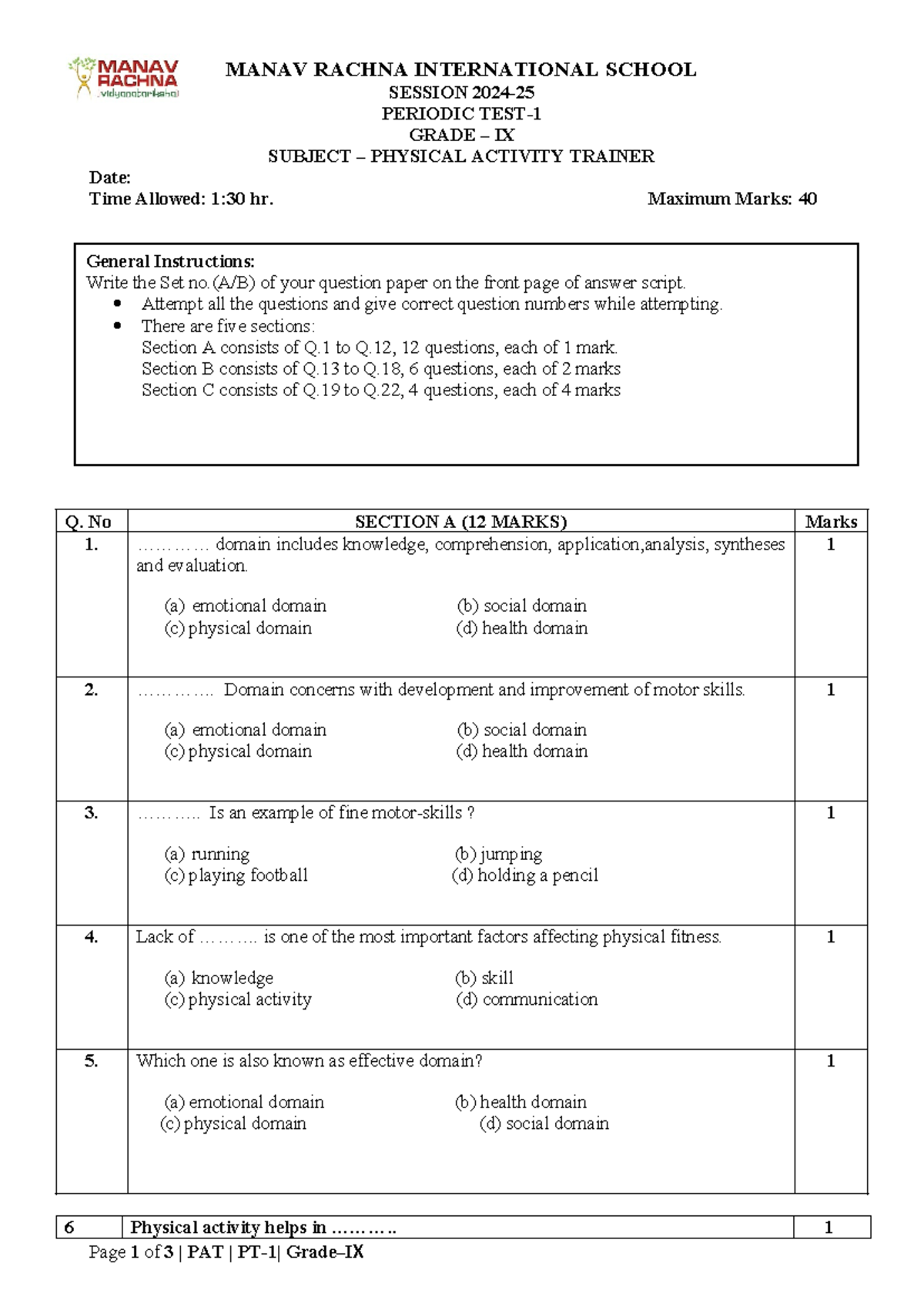 PA-1 Grade IX Physical Activity Trainer Periodic Exam Paper - Studocu