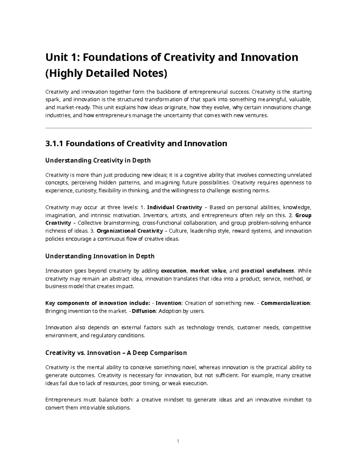 Unit 1: Creativity & Innovation Foundations (Detailed Notes) - Studocu