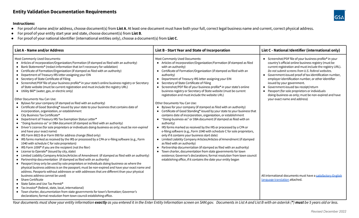 EVS Documentation Requirements for Entity Validation - Studocu
