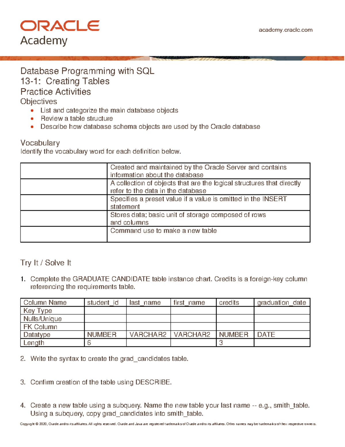DP 13-1 SQL Table Creation Practice Activities and Objectives - Studocu