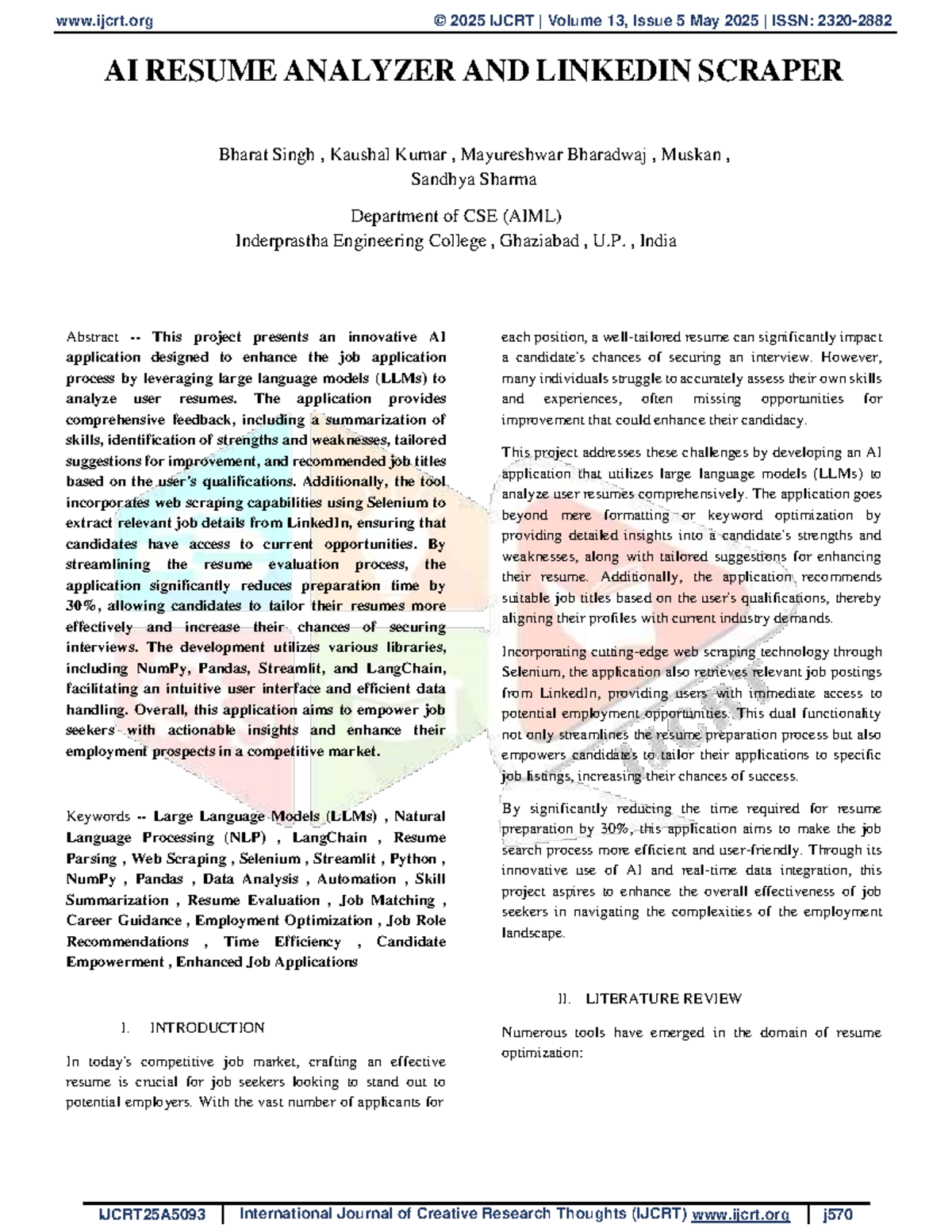 AI Resume Analyzer & LinkedIn Scraper - IJCRT25A5093 - Studocu