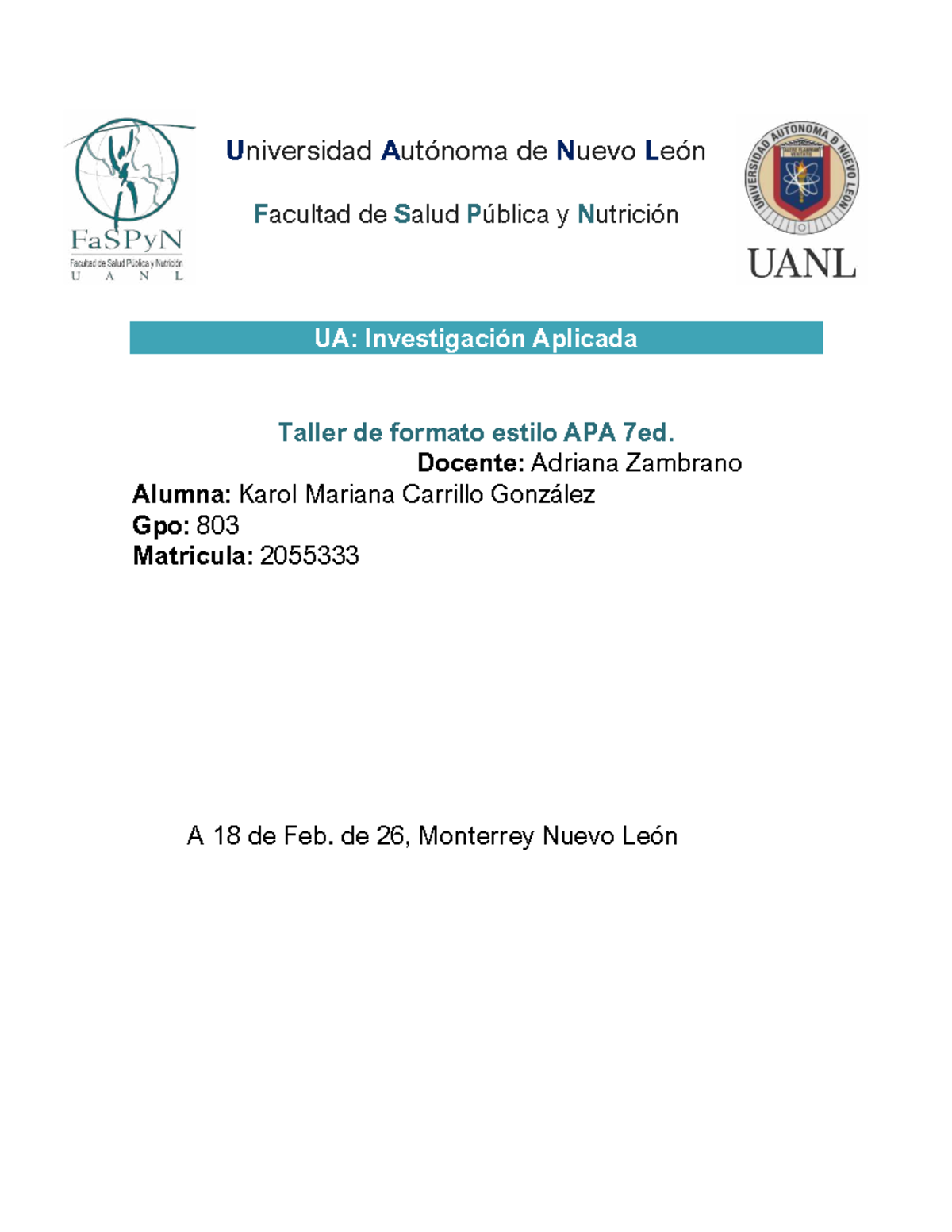 Taller de Formato APA 7ed - Universidad Autónoma de Nuevo León - Studocu