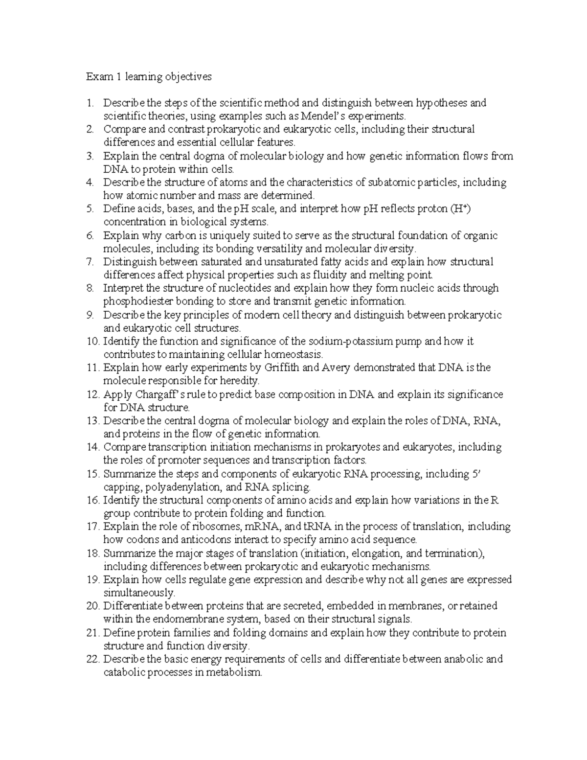Biology 101: Exam 1 & 2 Learning Objectives - Studocu