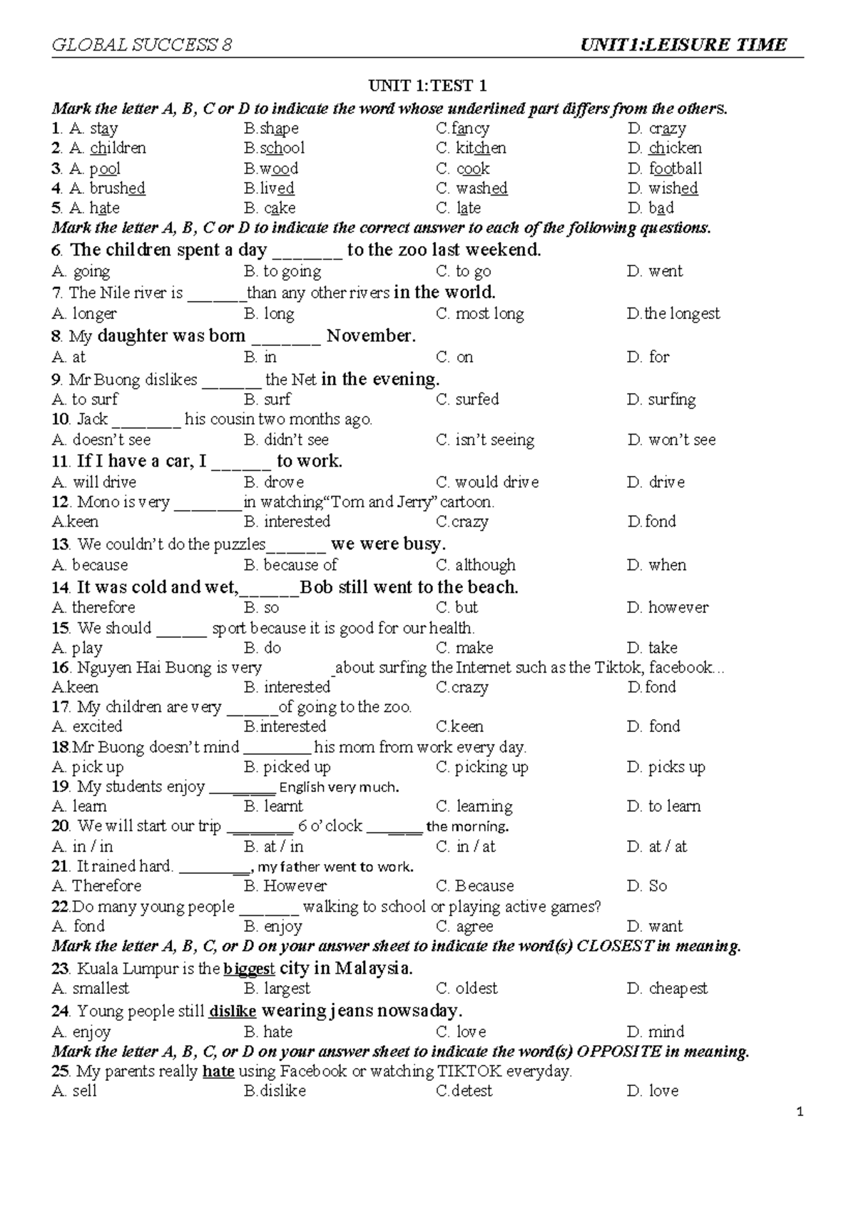 GLOBAL SUCCESS 8 UNIT 1: LEISURE TIME TEST 1 - Studocu