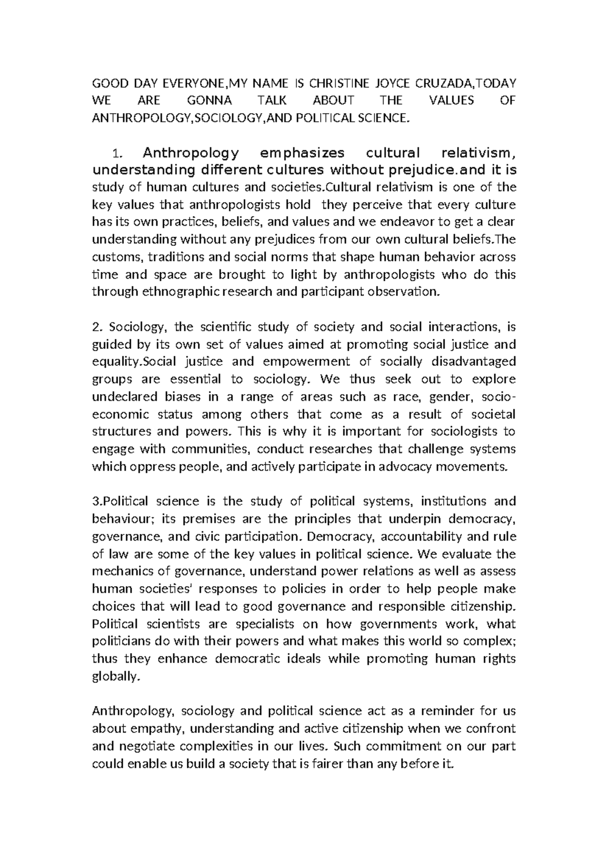 Ucsp script - n\a - GOOD DAY EVERYONE,MY NAME IS CHRISTINE JOYCE ...