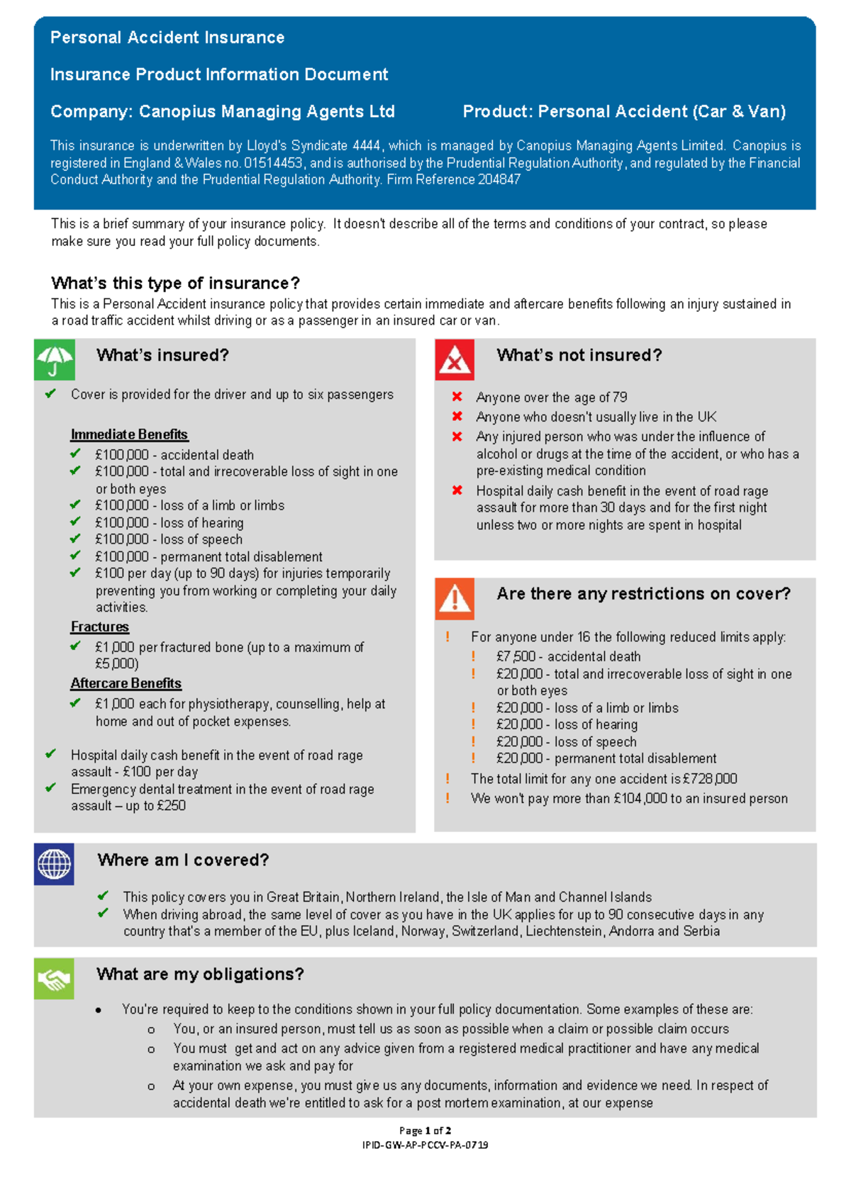 IPID: Personal Accident Insurance for Car & Van - Canopius - Studocu