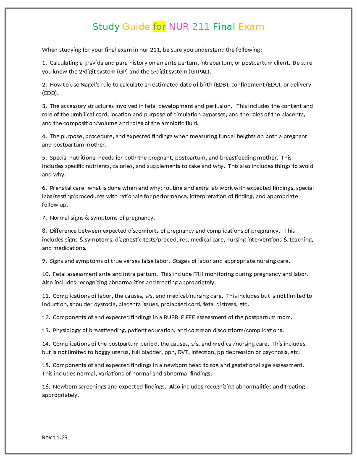 Final Exam Study Guide for NUR 211 - Key Topics & Concepts - Studocu