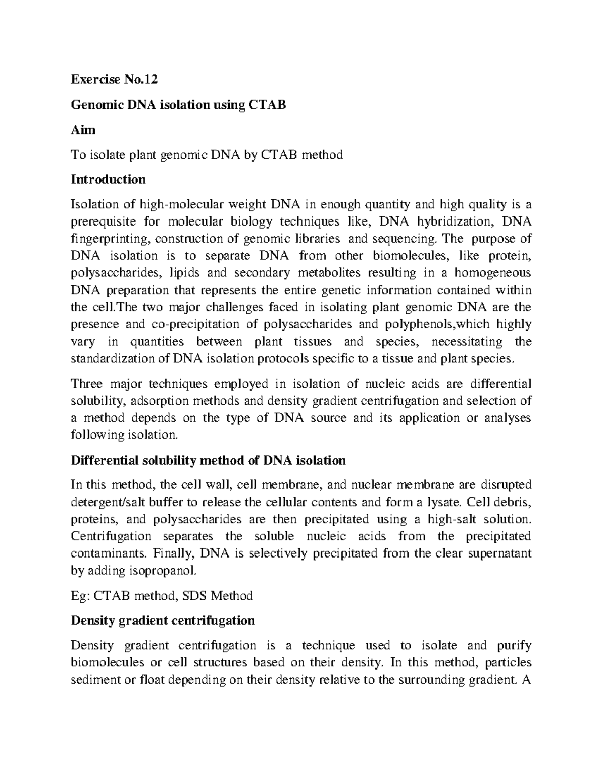 CTAB Method for Plant Genomic DNA Isolation (Exercise No. 12) - Studocu