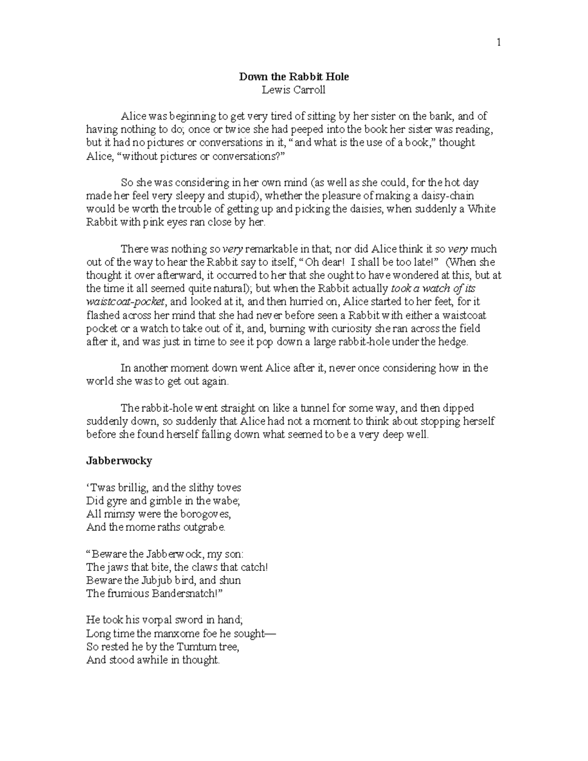 Readers Theatre Script: Down the Rabbit Hole (Alice in Wonderland ...