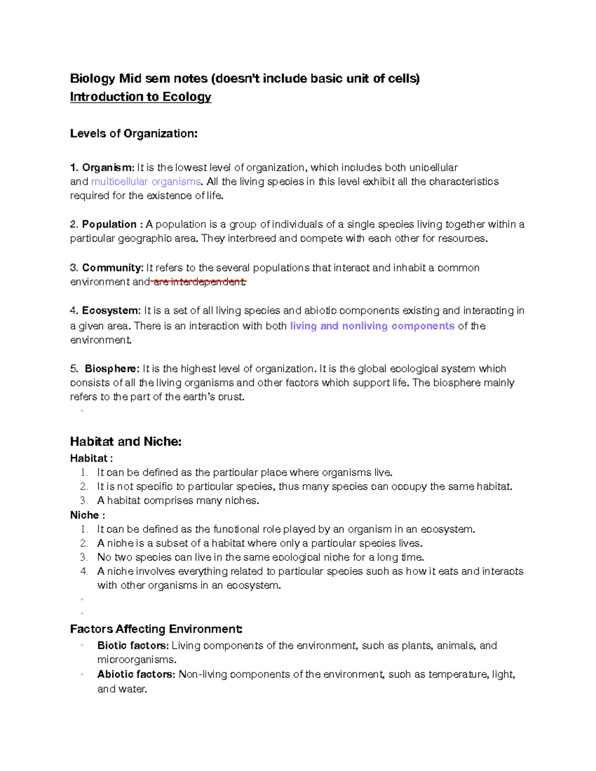 Biology FEC Mid-Sem Notes: Ecology & Levels of Organization - Studocu