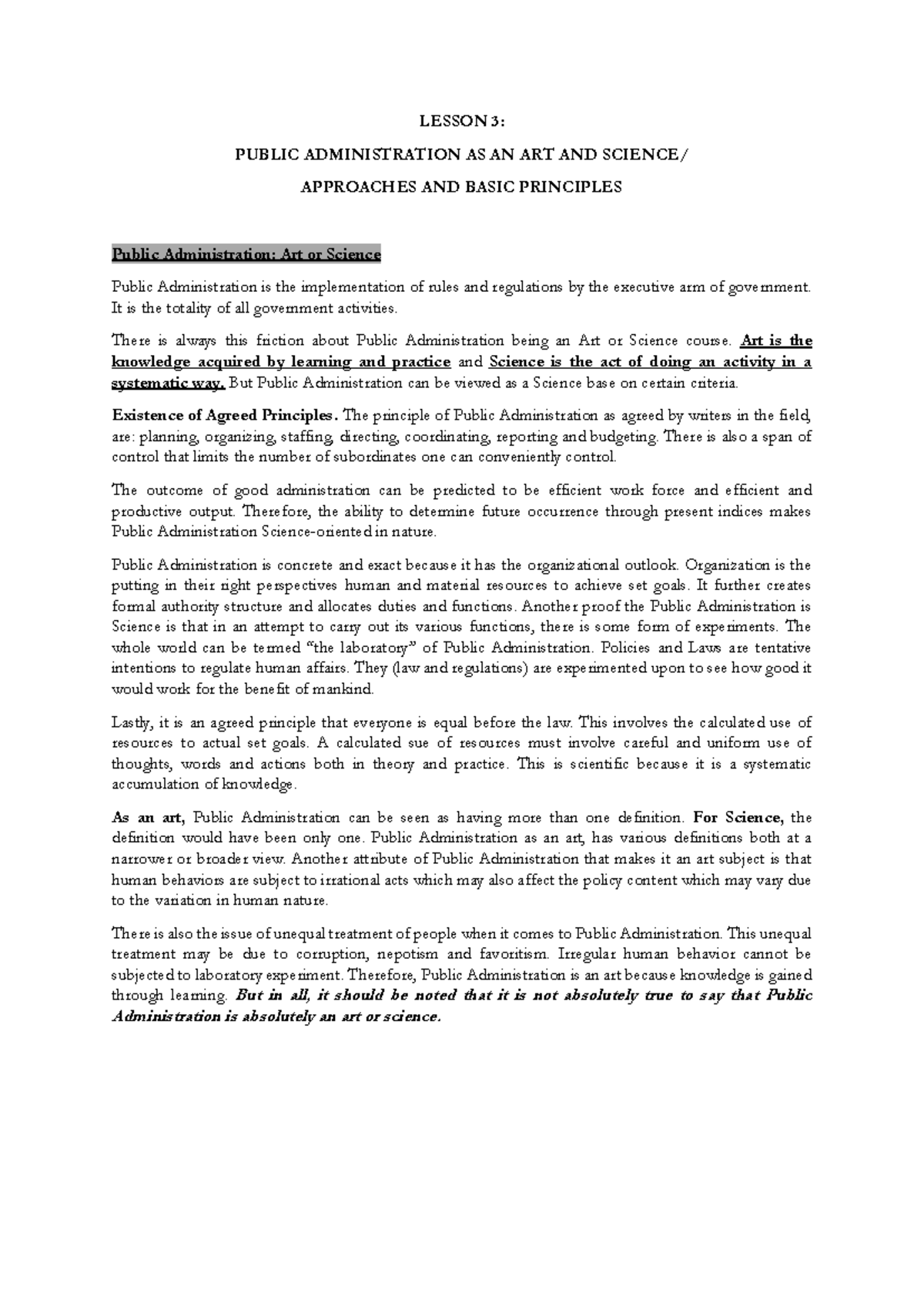 Public Administration: Art vs. Science - Lesson 3 Insights - Studocu