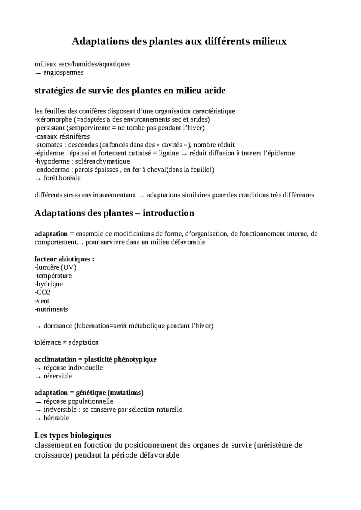 COURS BIO2103 : Adaptations des Plantes aux Environnements Arides - Studocu